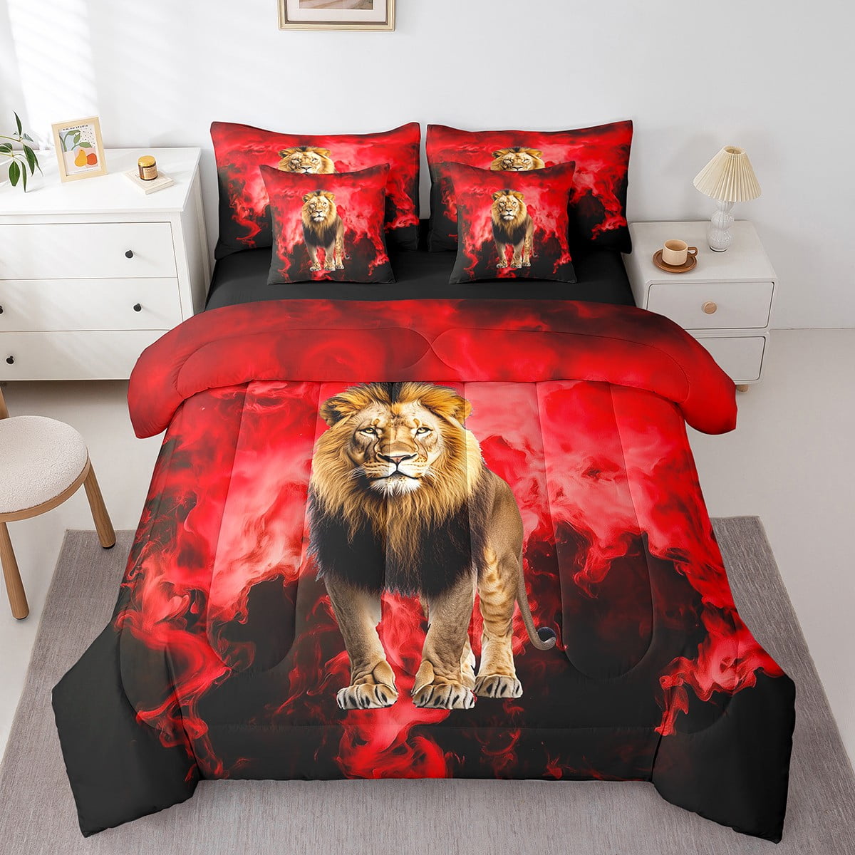 Erosebridal 3D Lion Print Bed in a Bag Queen size, Red Bed Set, Jungle ...