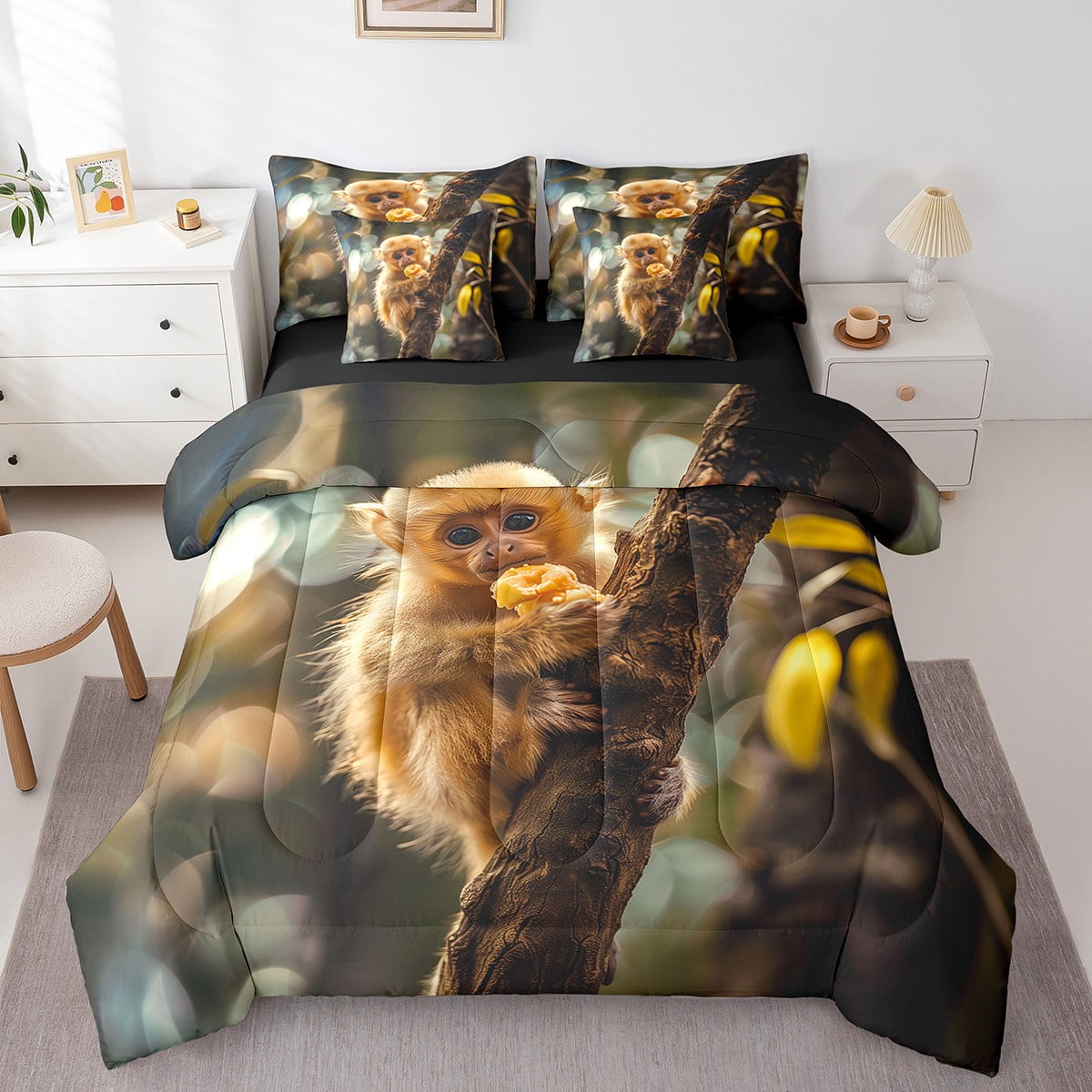 Erosebridal 3D Monkey Bedding Sets Queen Size, Cute Wildlife Comforter ...