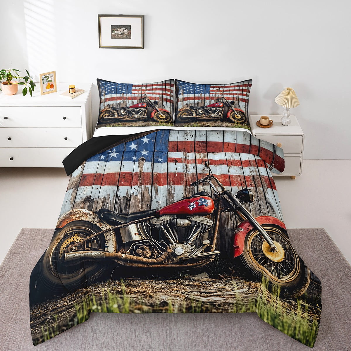 Erosebridal 3D Motorcycle Bedding Queen Comforter Set, Retro American ...