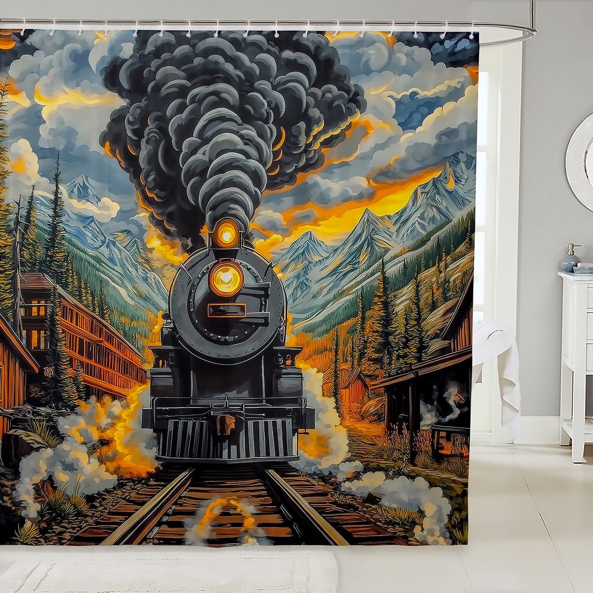 Erosebridal 3D Old Style Train Bathroom Curtain 72x72, Railway Track ...