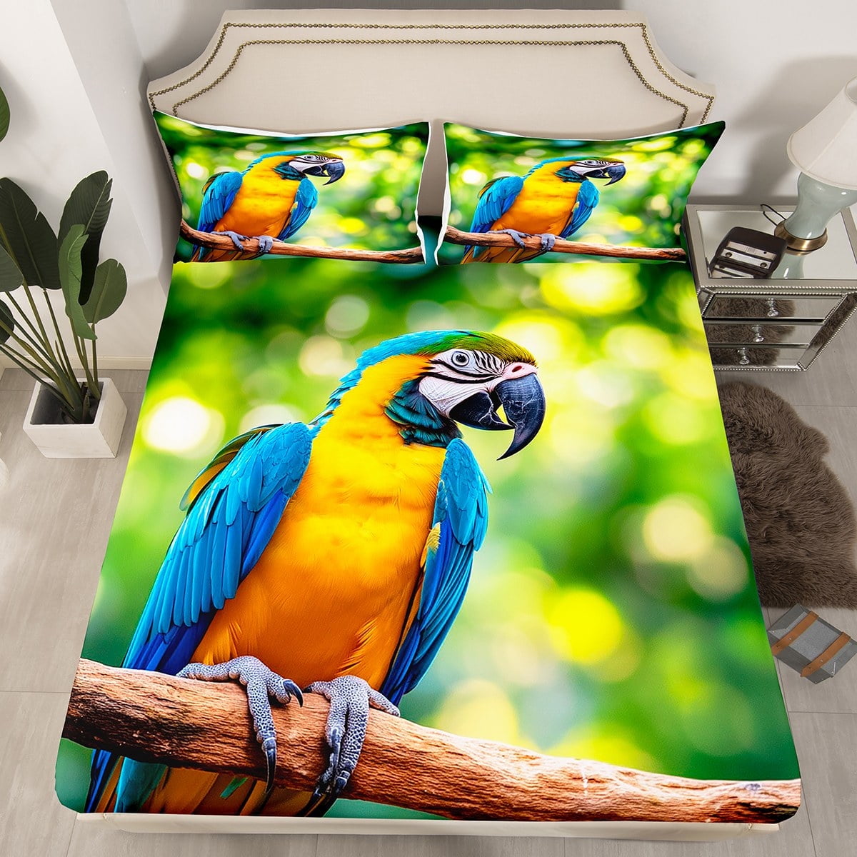 Erosebridal 3D Parrot Fitted Sheet Queen, Kawaii Animals Bedding Set ...