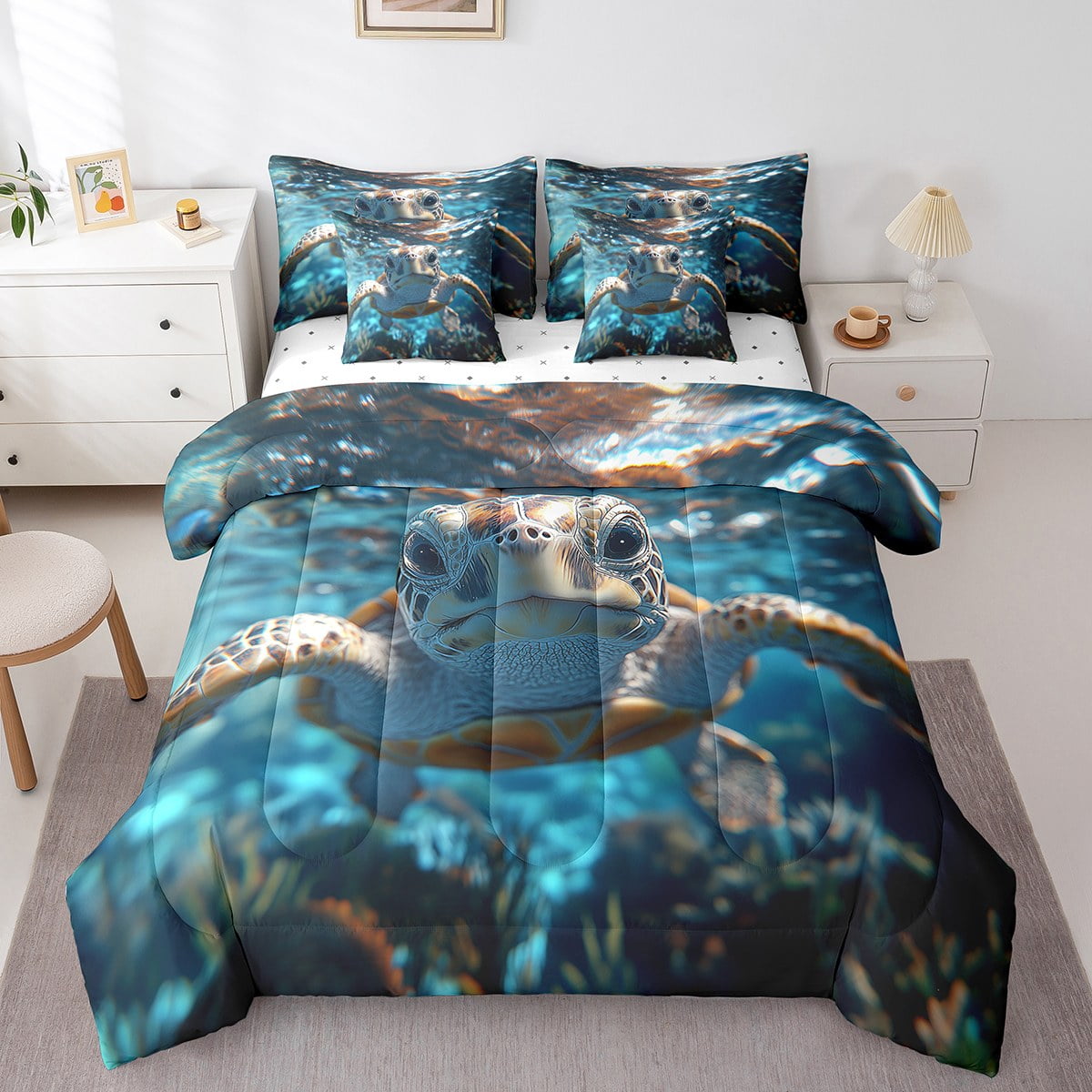 Erosebridal Sea Turtle Bedding King Size, Cute Ocean Wildlife Bed in a ...