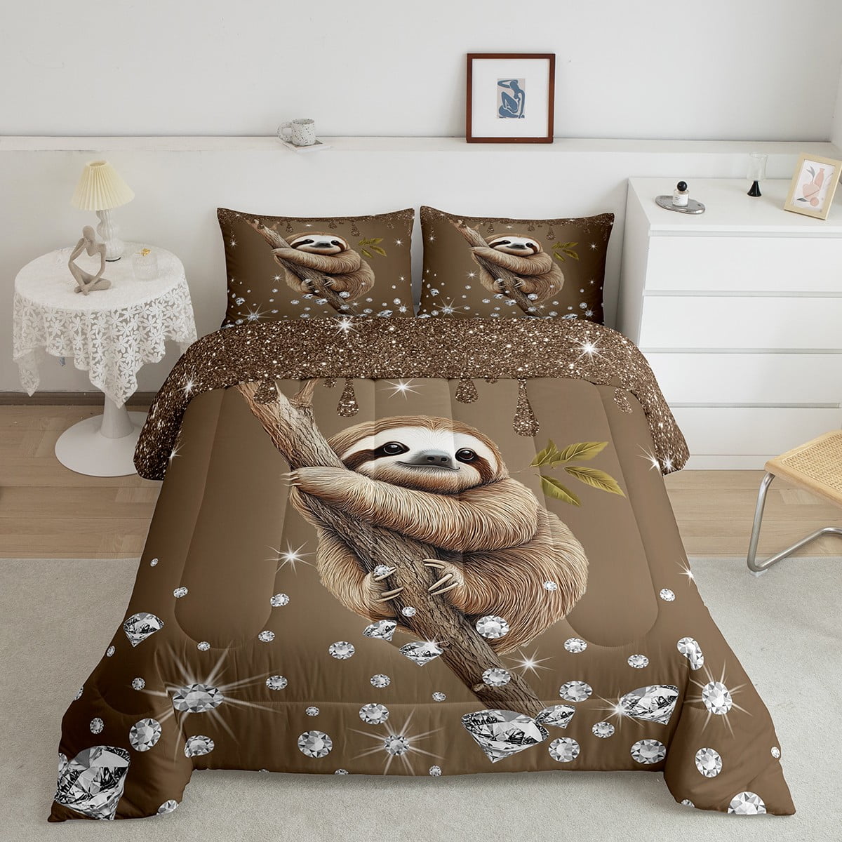 Erosebridal 3D Sloth Bedding Sets Queen with Comforter, Chic Glitter ...