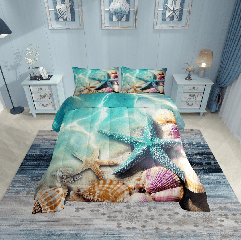 Erosebridal 3D Starfish Bedding Twin Comforter Set, Kawaii Seashell Down Comforter, Blue Ocean ...