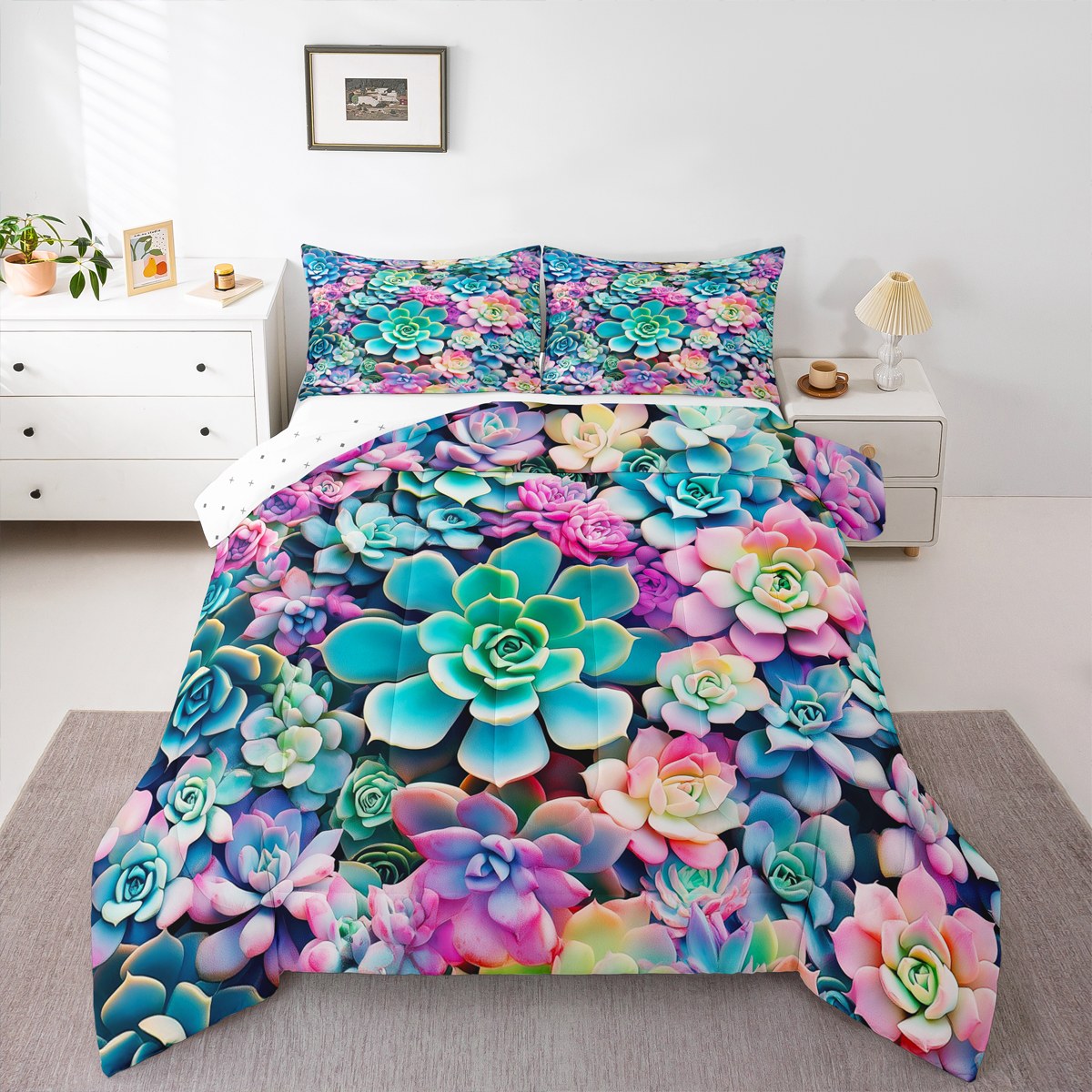 Erosebridal 3D Succulent Bedding King Comforter Set, Plant Botanical ...