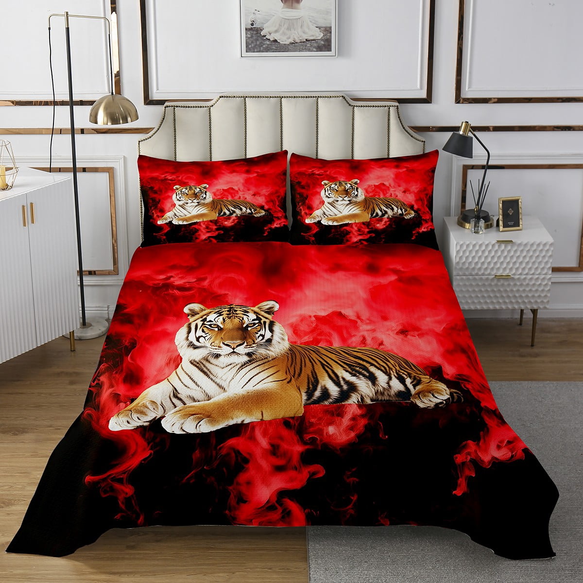 Erosebridal 3D Tiger Print Quilt Sets for Queen Size Bed, Red Bed Set ...