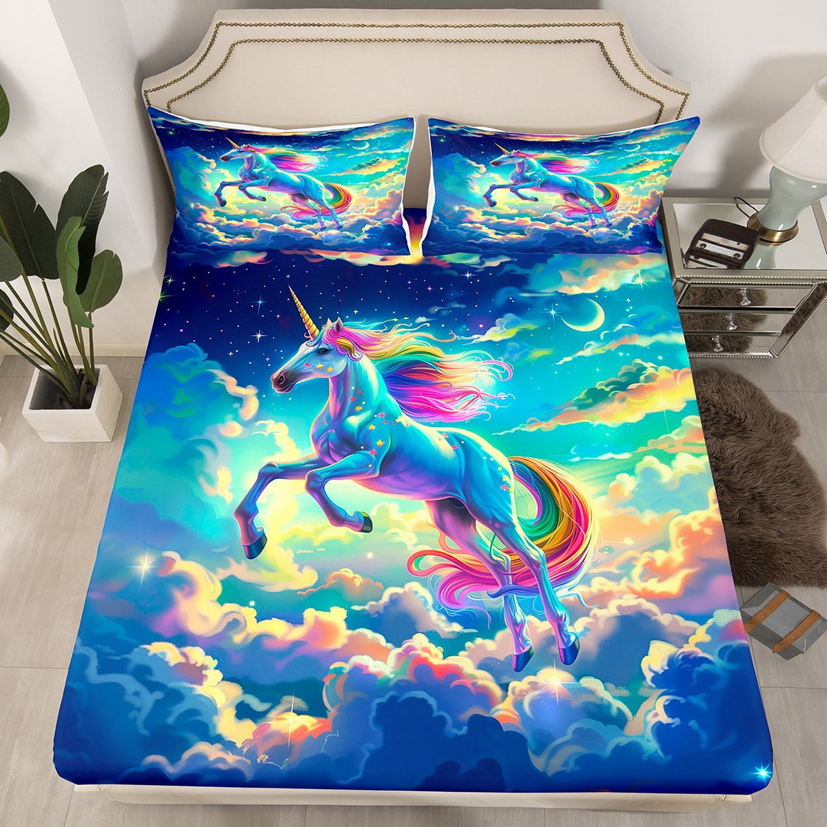 Erosebridal 3D Unicorn Fitted Sheet Full, Rainbow Sky Bedding Set Full ...