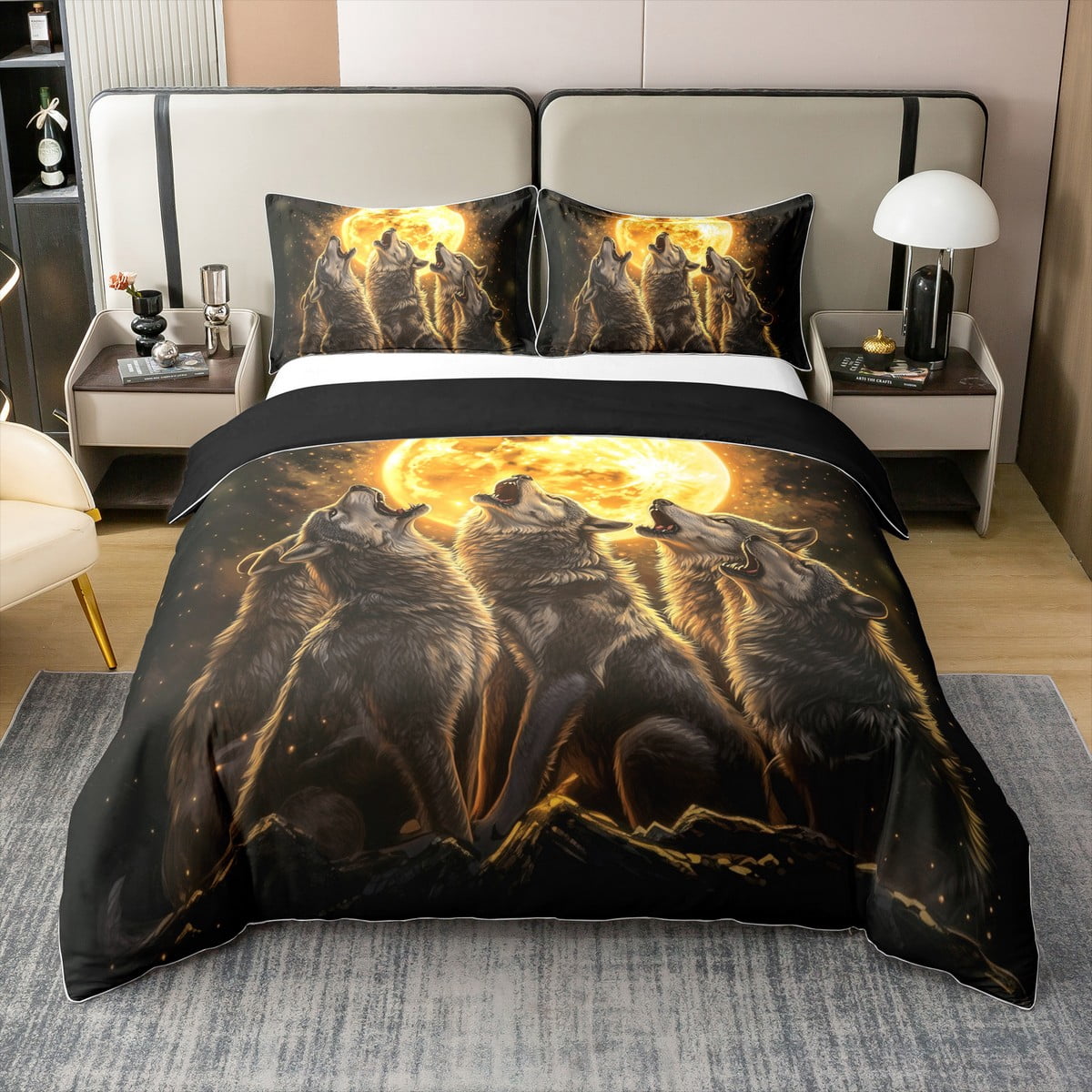 Erosebridal 3D Wolf 100% Cotton Comforter Cover Full, Gold Moon Bedding ...