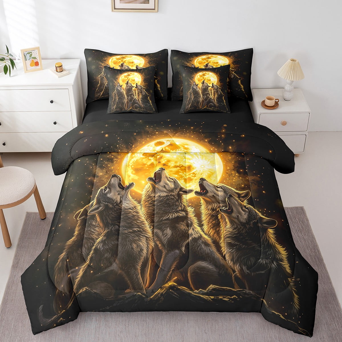 Erosebridal 3D Wolf Bed in a Bag King size, Gold Moon Bed Set, Jungle ...