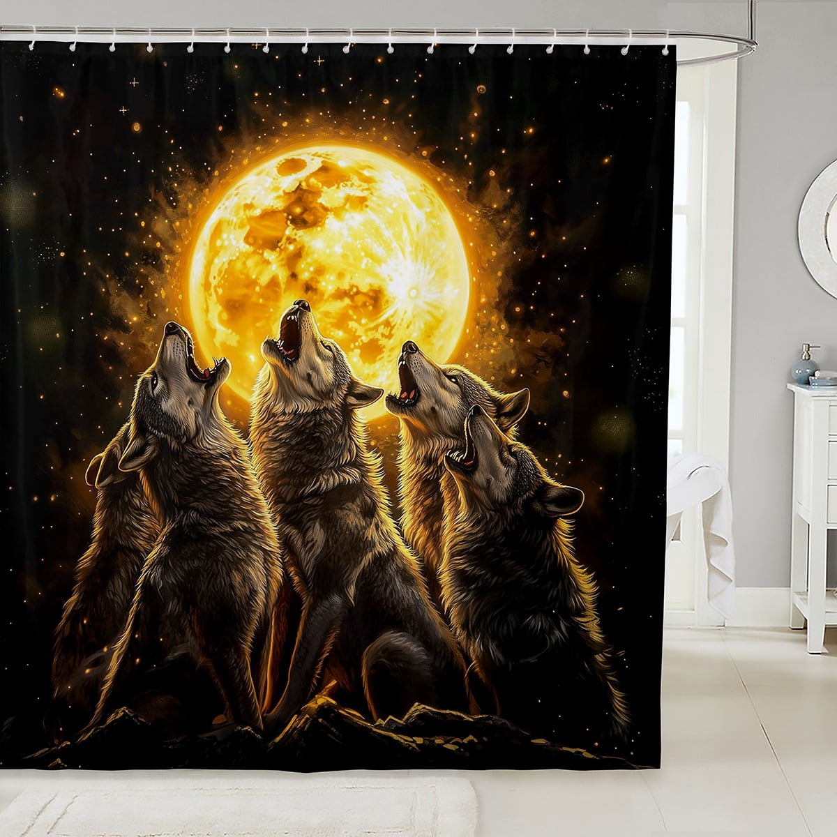 Erosebridal 3D Wolf Shower Curtain 72x78, Gold Moon Bathroom Curtain ...
