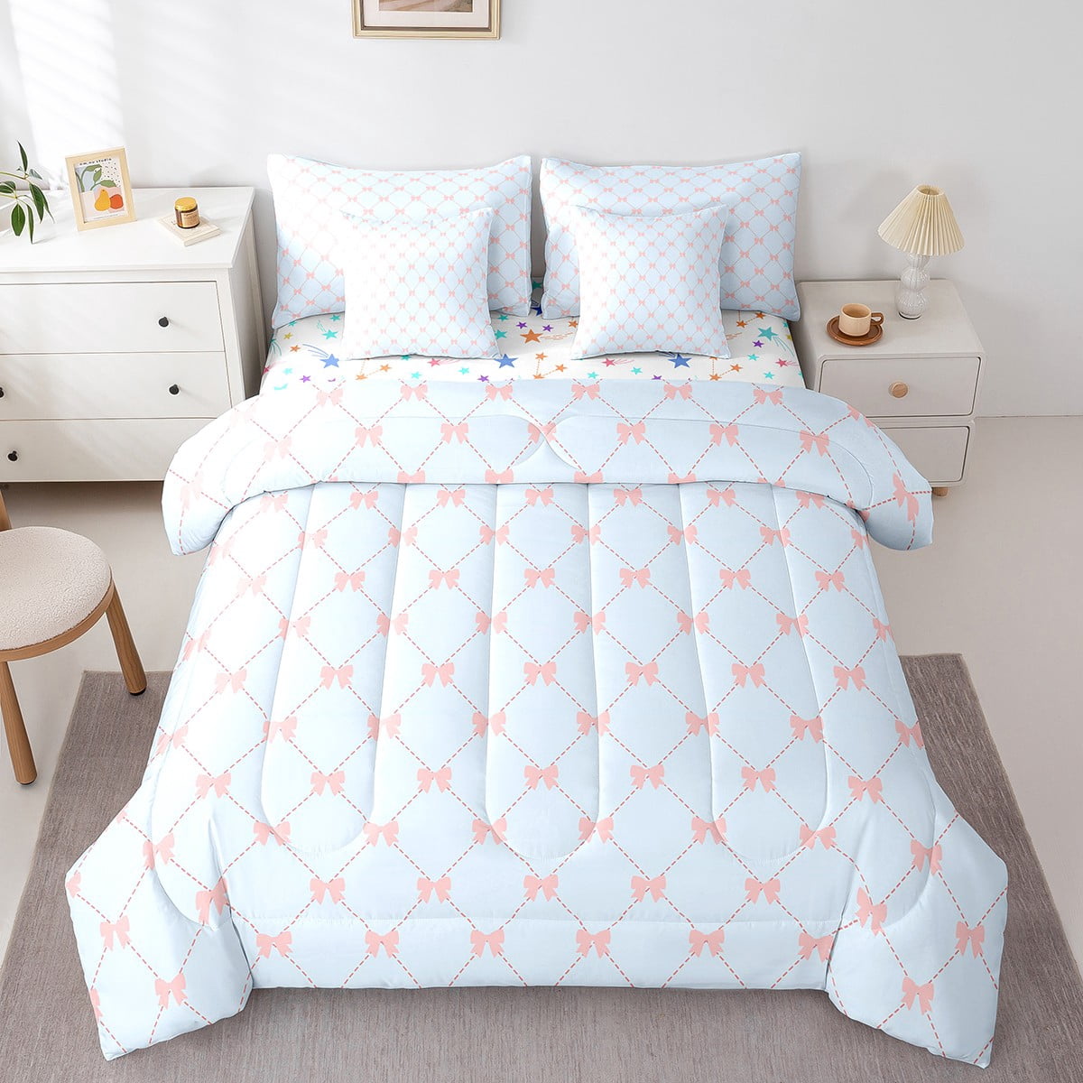 Erosebridal 7 Pcs Bow Comforter Set,Blue Pink Girly Bow Bedding Set ...