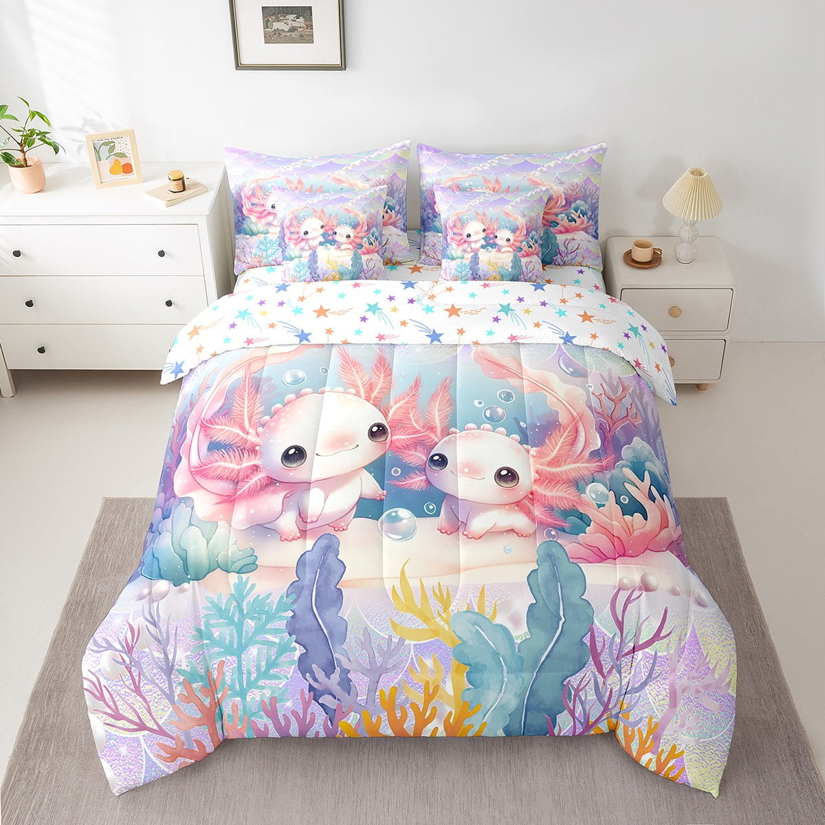 Erosebridal 7 Piece Cartoon Axolotl Bed in a Bag Queen Pink Cherry ...
