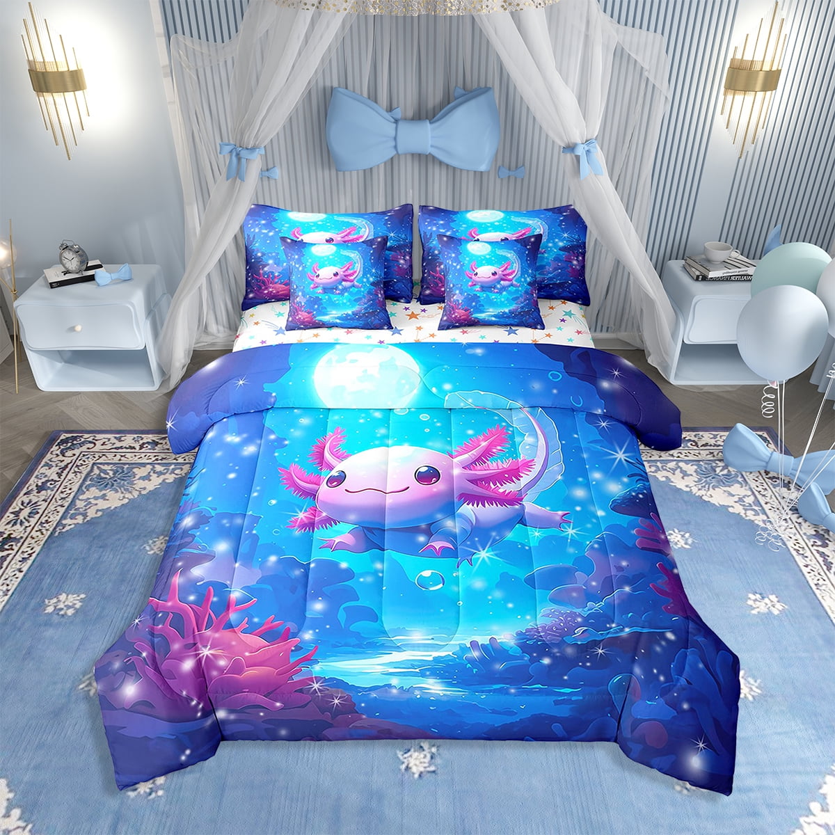 Erosebridal 7 Piece Cartoon Pink Axolotl Bed in a Bag Twin Marine Life ...