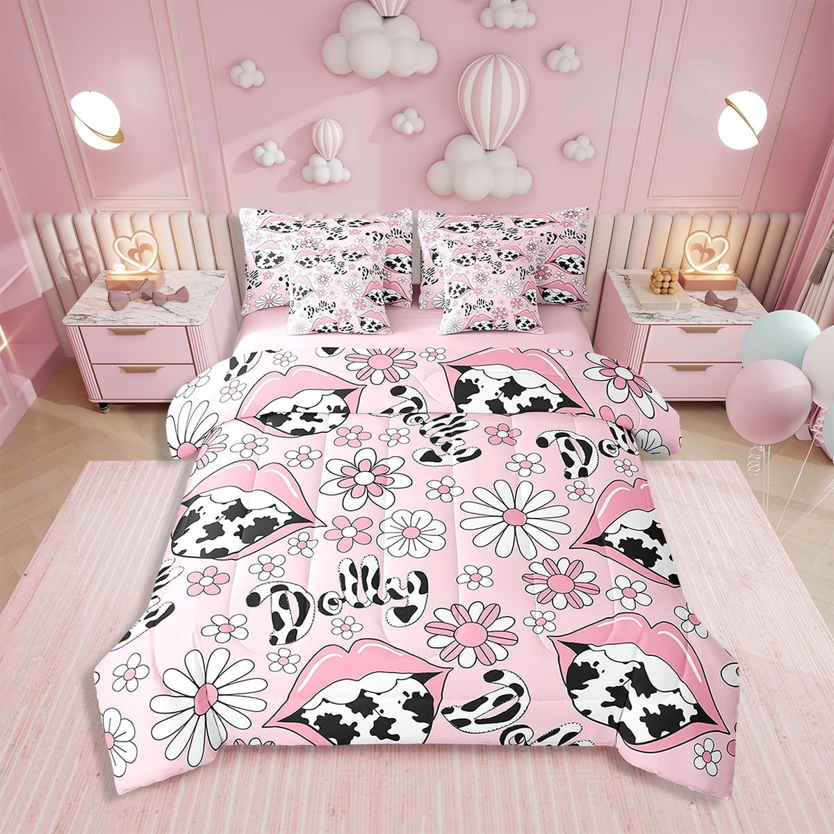 Erosebridal 7 Piece Cute Pink Floral Comforter Set Queen,Pink Milk Cow ...