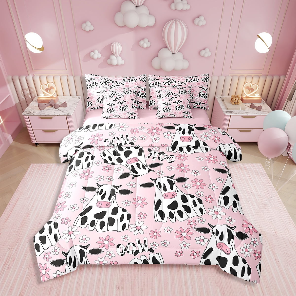 Erosebridal 7 Piece Milk Cow Print Full Comforter Set,Pink and White Floral Bed in a Bag ...