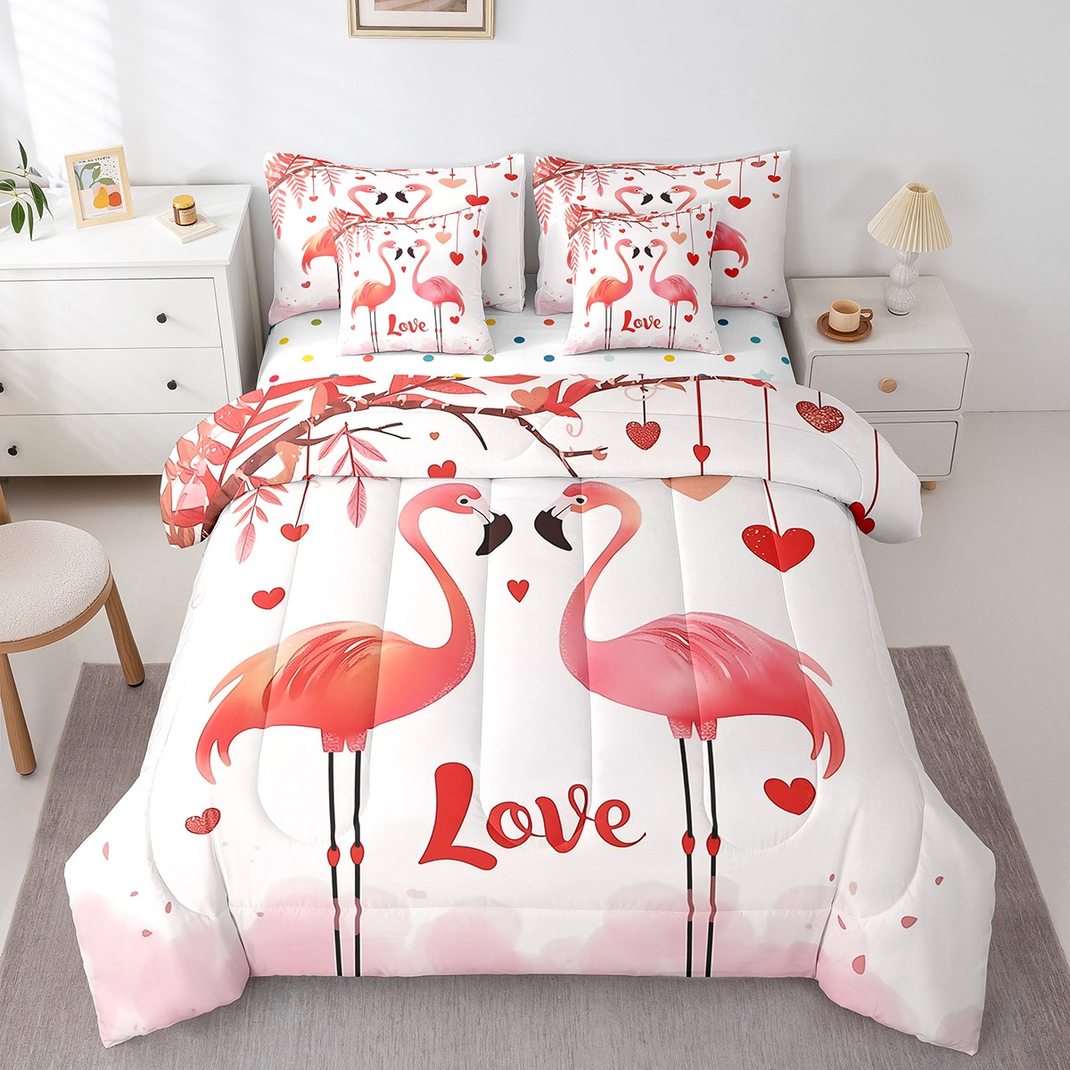 Erosebridal 7 Piece Pink Flamingo Bed in a Bag Queen Love Heart Sheet ...