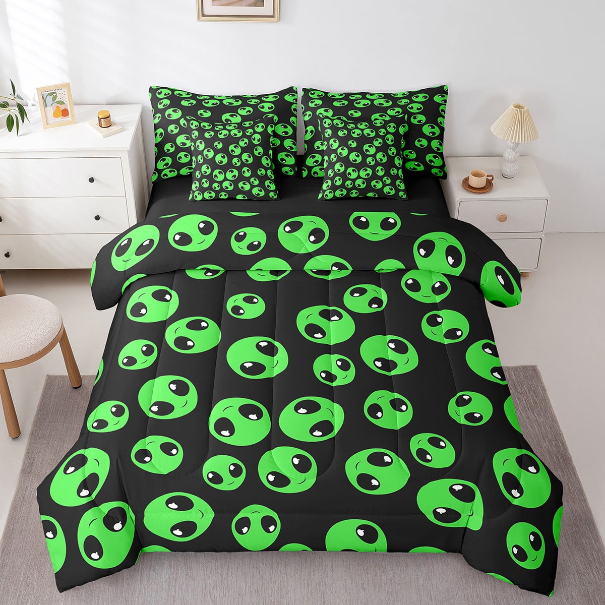 Erosebridal 7 Piece Trippy Alien Bed in a Bag King Green Alien Sheet ...