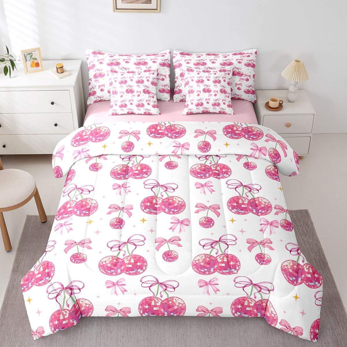 Erosebridal 7 Pieces Disco Mirror Ball Comforter Set Queen Size,Pink ...