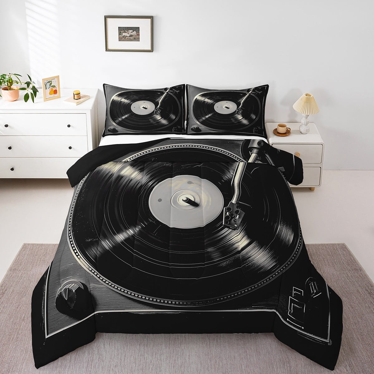 Erosebridal 70s Party Vinyl Record Bedding Sets with Comforter, Retro Black Grey Phonograph ...