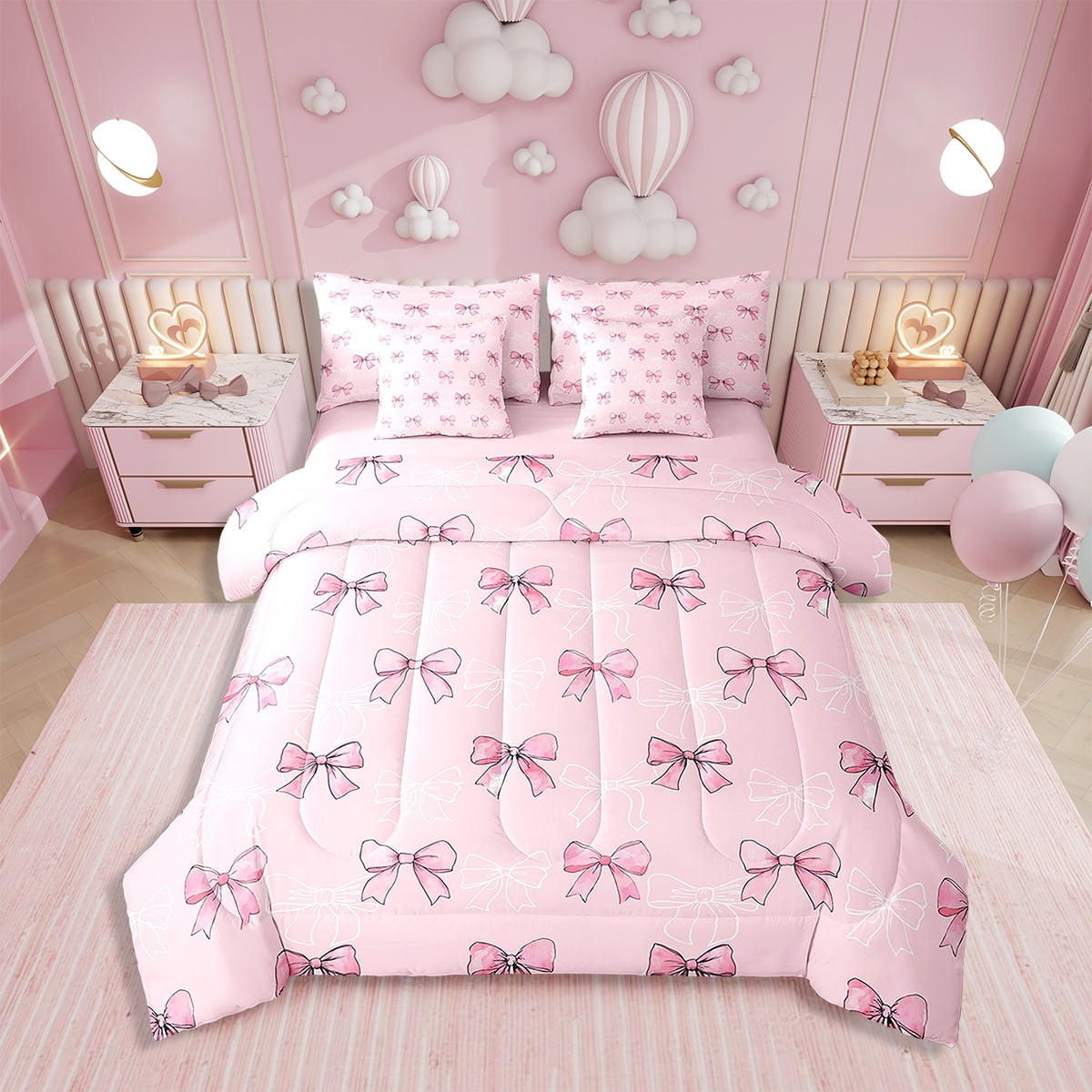 Erosebridal 7Pc Pink and White Bow Comforter Set Full,Pink Bows Bedding ...