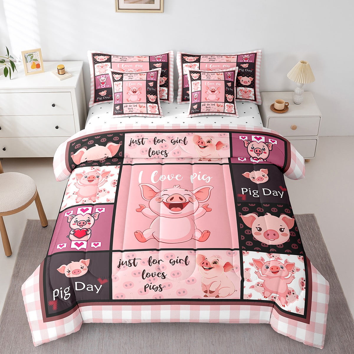 Erosebridal 7Pcs Cartoon Pig Comforter Sets Full Size,Pink Piggy ...