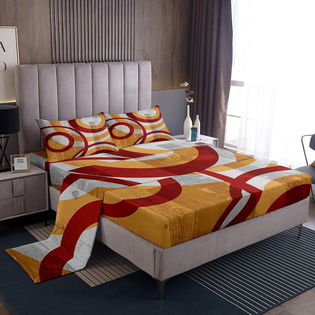 Erosebridal Abstract Circle Spiral Sheet Set Full, Orange Red Gray ...