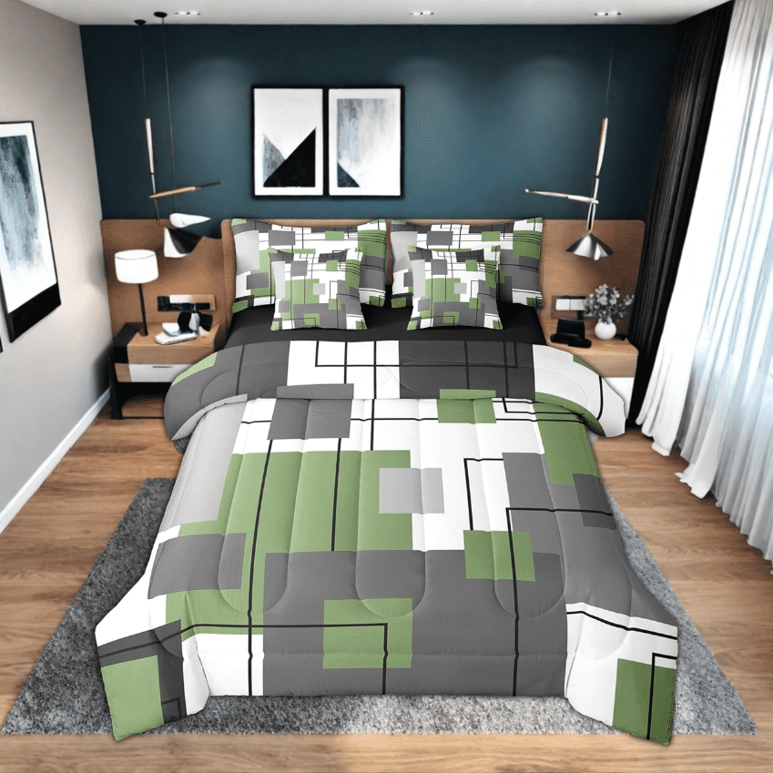Erosebridal Abstract Geometry Comforter Set 7 Piece King Black Grey ...
