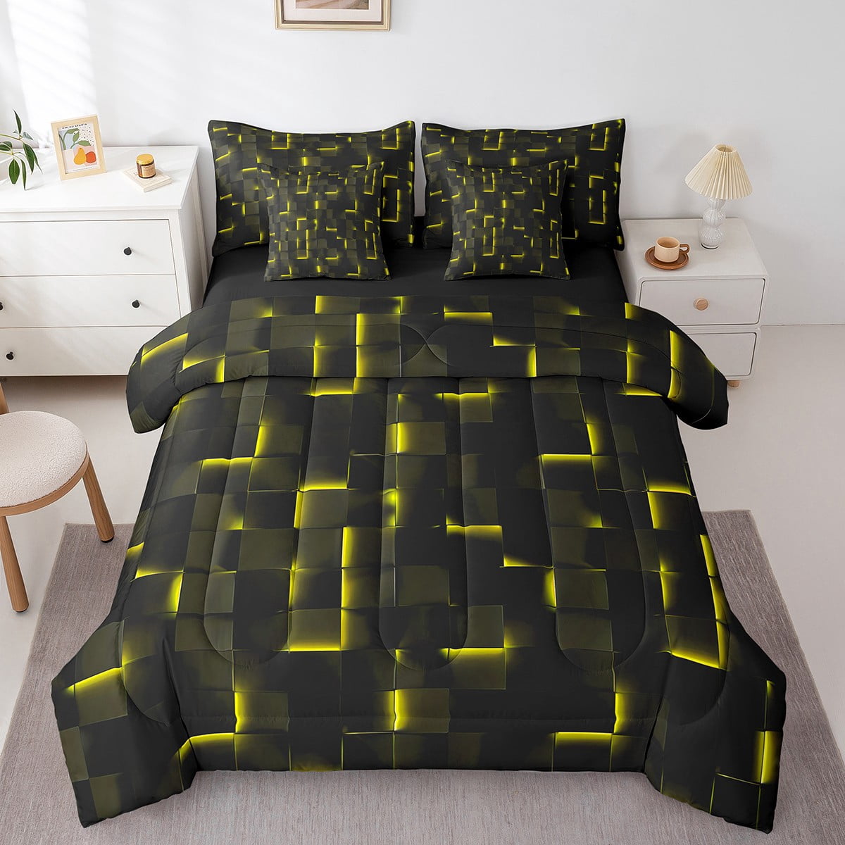 Erosebridal Abstract Grid Bed in a Bag Full size,Black Golden Bed Set ...