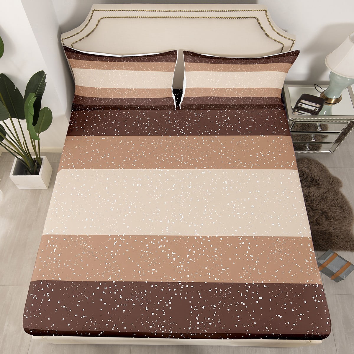 Erosebridal Abstract Stripes Fitted Sheet Set Queen, Brown Geometry ...