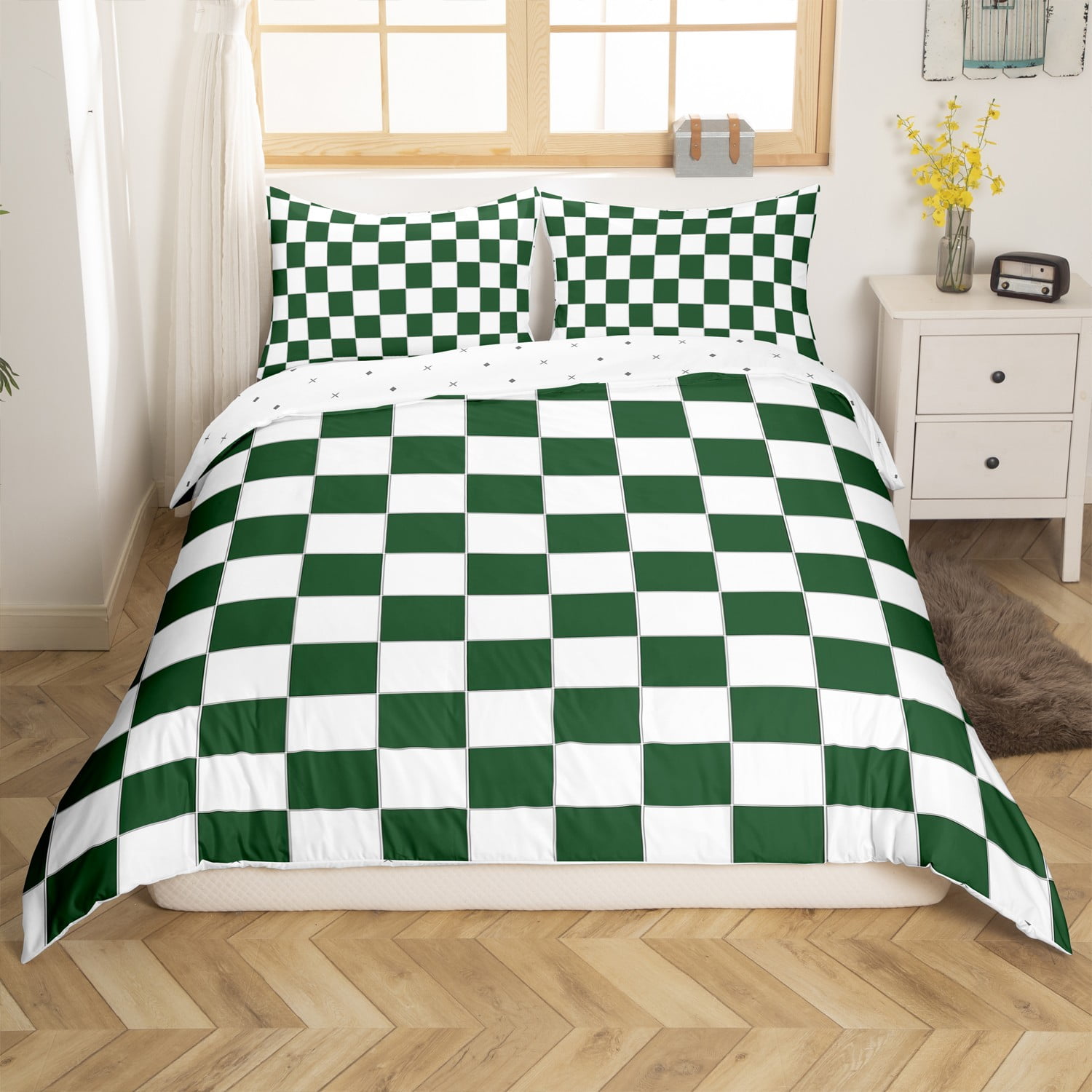 Erosebridal Adults Olive Checkered Bedding Set White Dark Green Buffalo ...