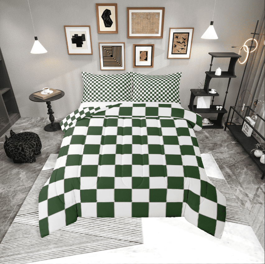 Erosebridal Olive Checkered Bedding Set White Dark Green Buffalo Plaid ...