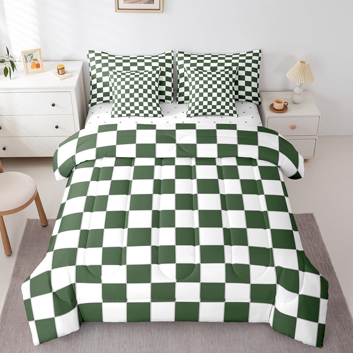 Erosebridal Adults Olive Checkered Full Bedding Set 7 Piece White Dark ...