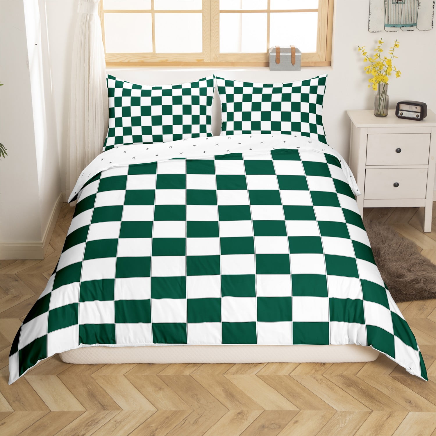 Erosebridal Aesthetic Checkered Duvet Cover Queen White Green ...