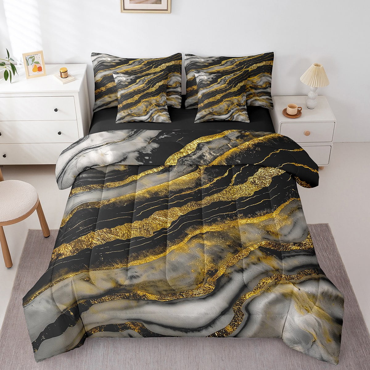 Erosebridal Aesthetic Marbling Bedding Twin Size, Black Gold Metallic ...