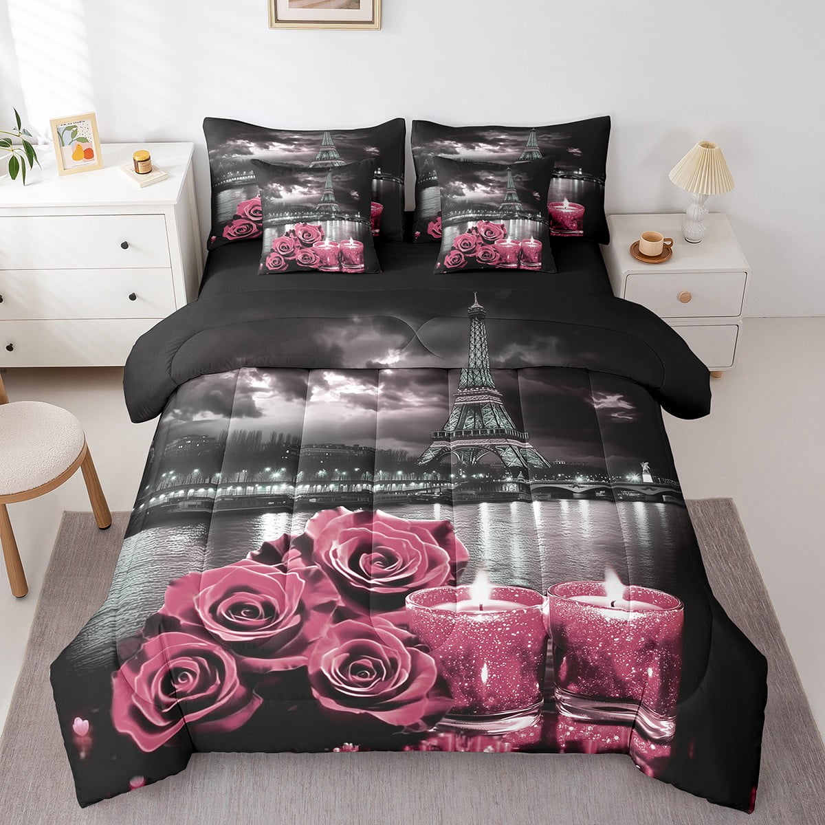 Erosebridal Aesthetic Pink Rose Flower Bed in a Bag Queen size, Paris ...