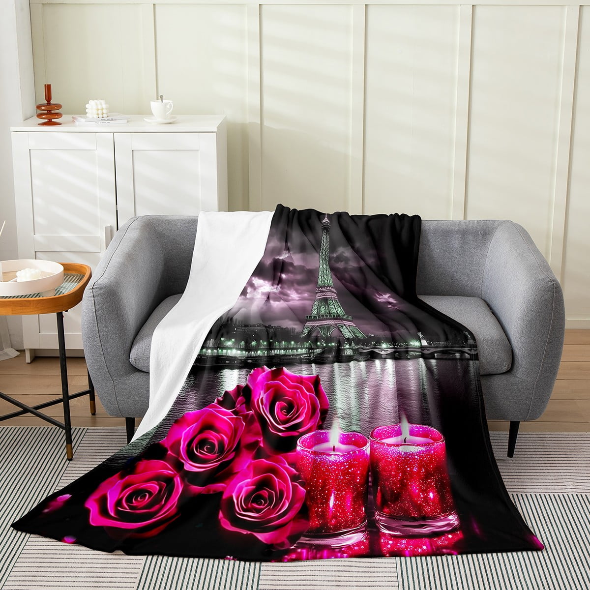 Erosebridal Aesthetic Pink Rose Flower Throw Blanket for Couch, Paris ...