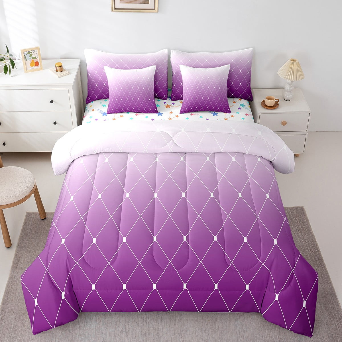 Erosebridal Aesthetic Puprle Bedding Sets King Size, Diamonds Lattice ...