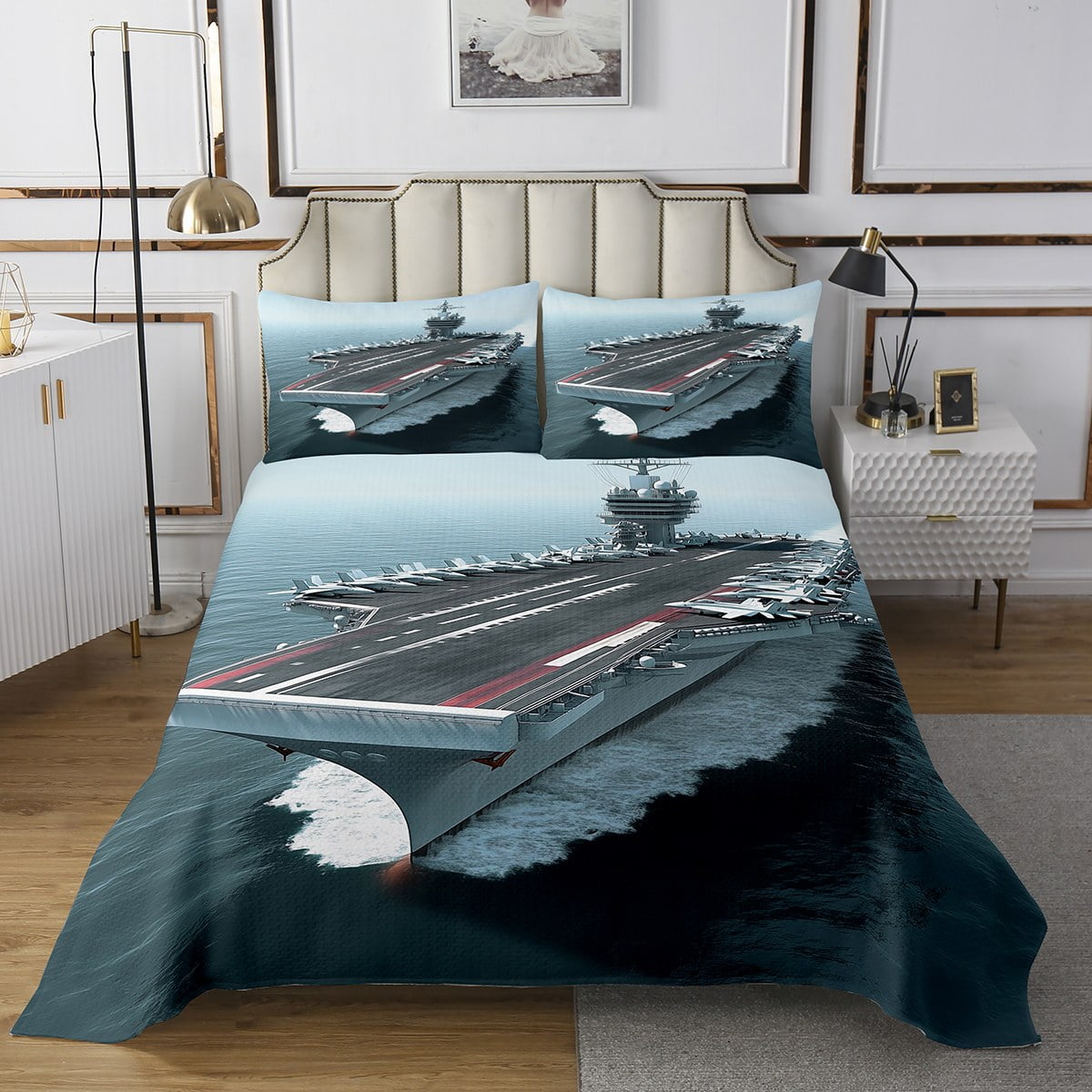 Erosebridal Aircraft Carrier Bedspread Sets Queen Size, Blue Ocean Sea ...
