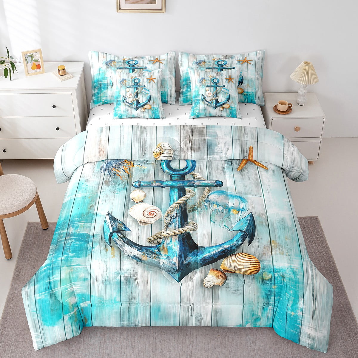 Erosebridal Anchor Bed in a Bag Twin size for Teens, Kawaii Sealife Bed Set, Beach Ocean Decor ...