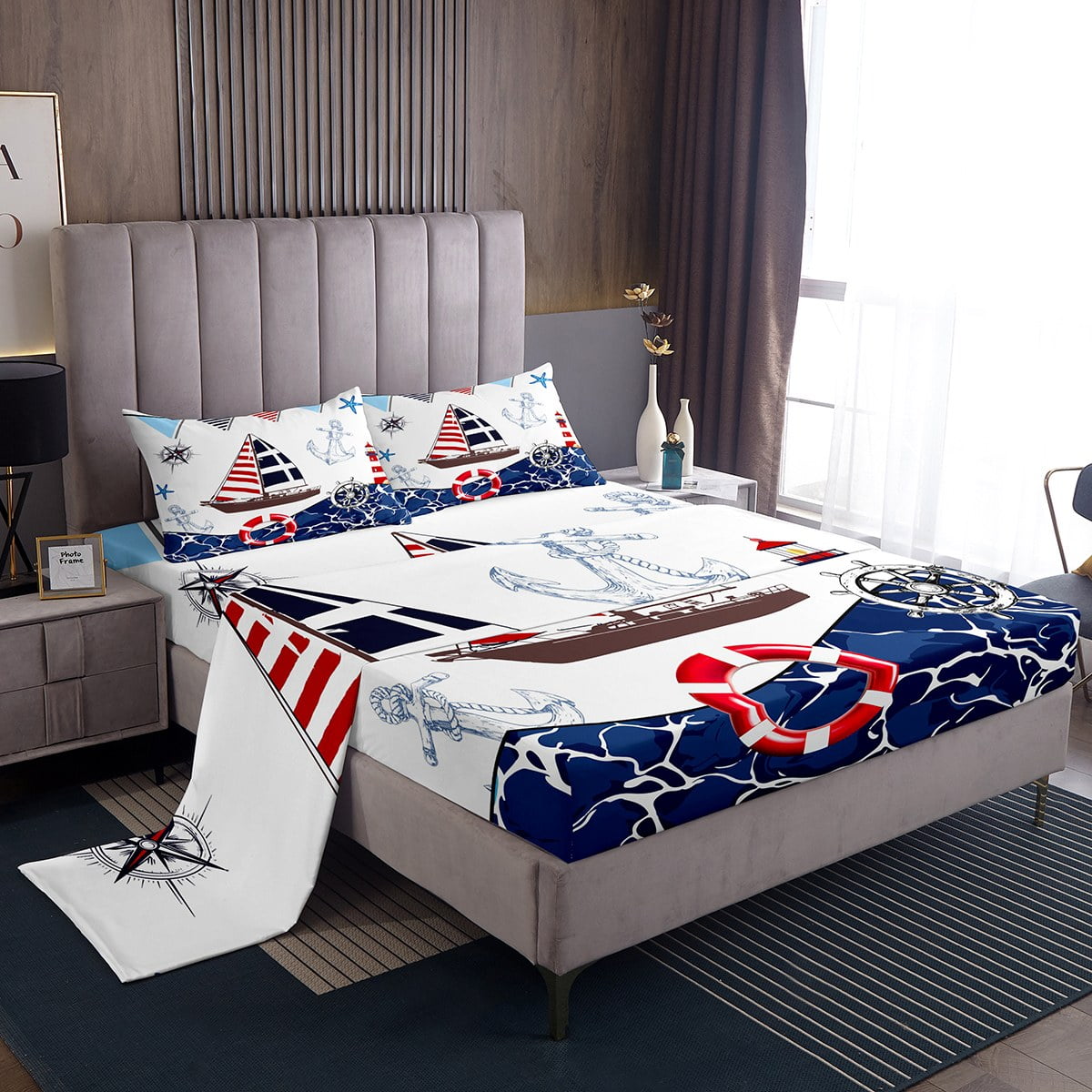 Erosebridal Anchor Boat Full Sheet Sets,Nautical Compass Bedding Full ...