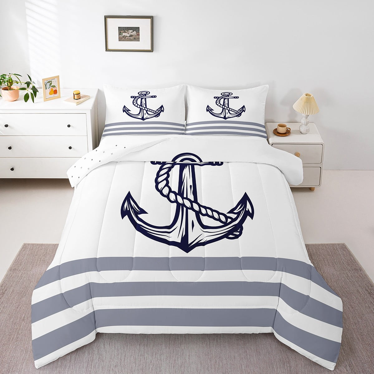 Erosebridal Anchor Comforter Sets Queen Size,Nautical Theme Bedding Queen Comforter Set,Stripes ...