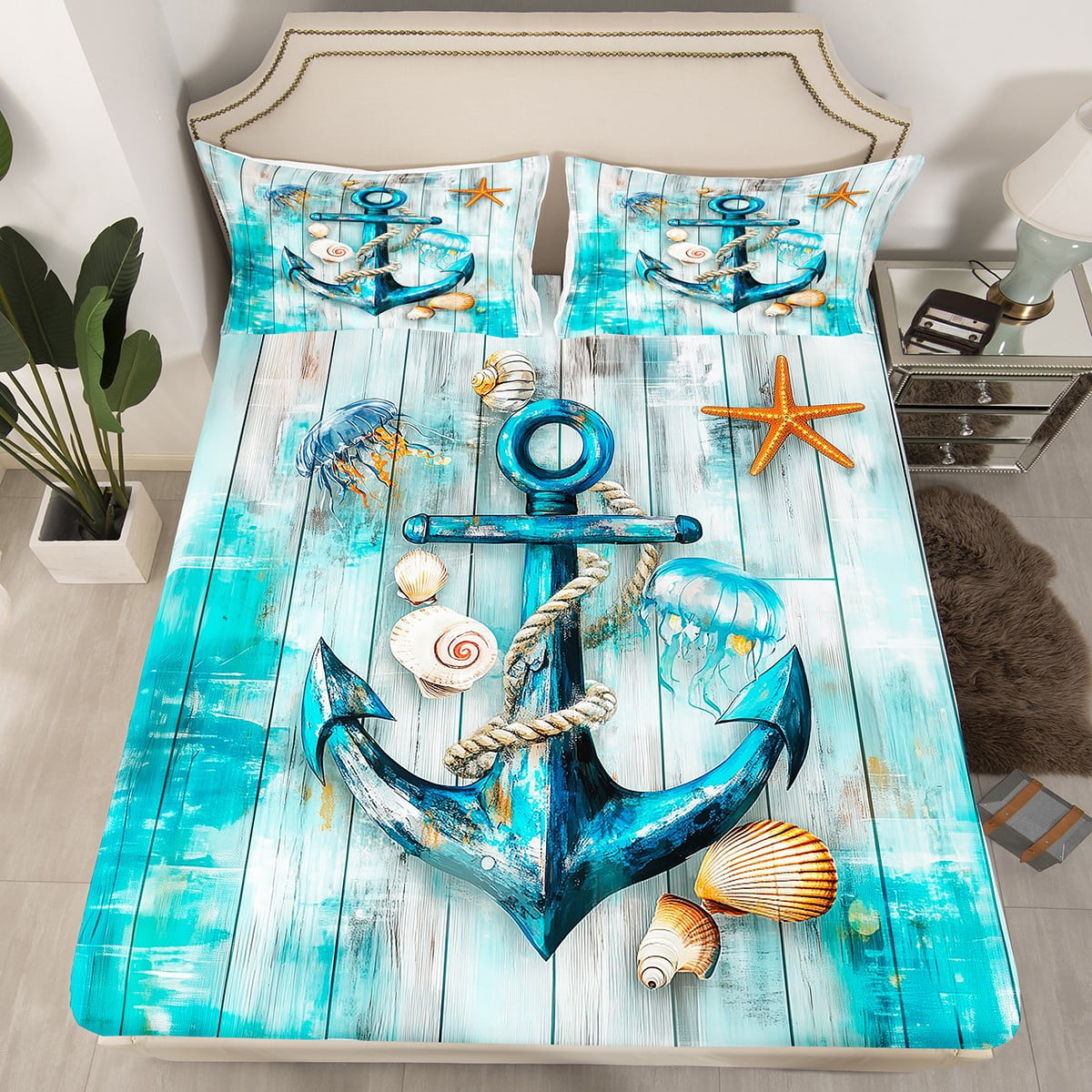 Erosebridal Anchor Fitted Sheet Twin for Teens, Kawaii Sealife Bedding ...