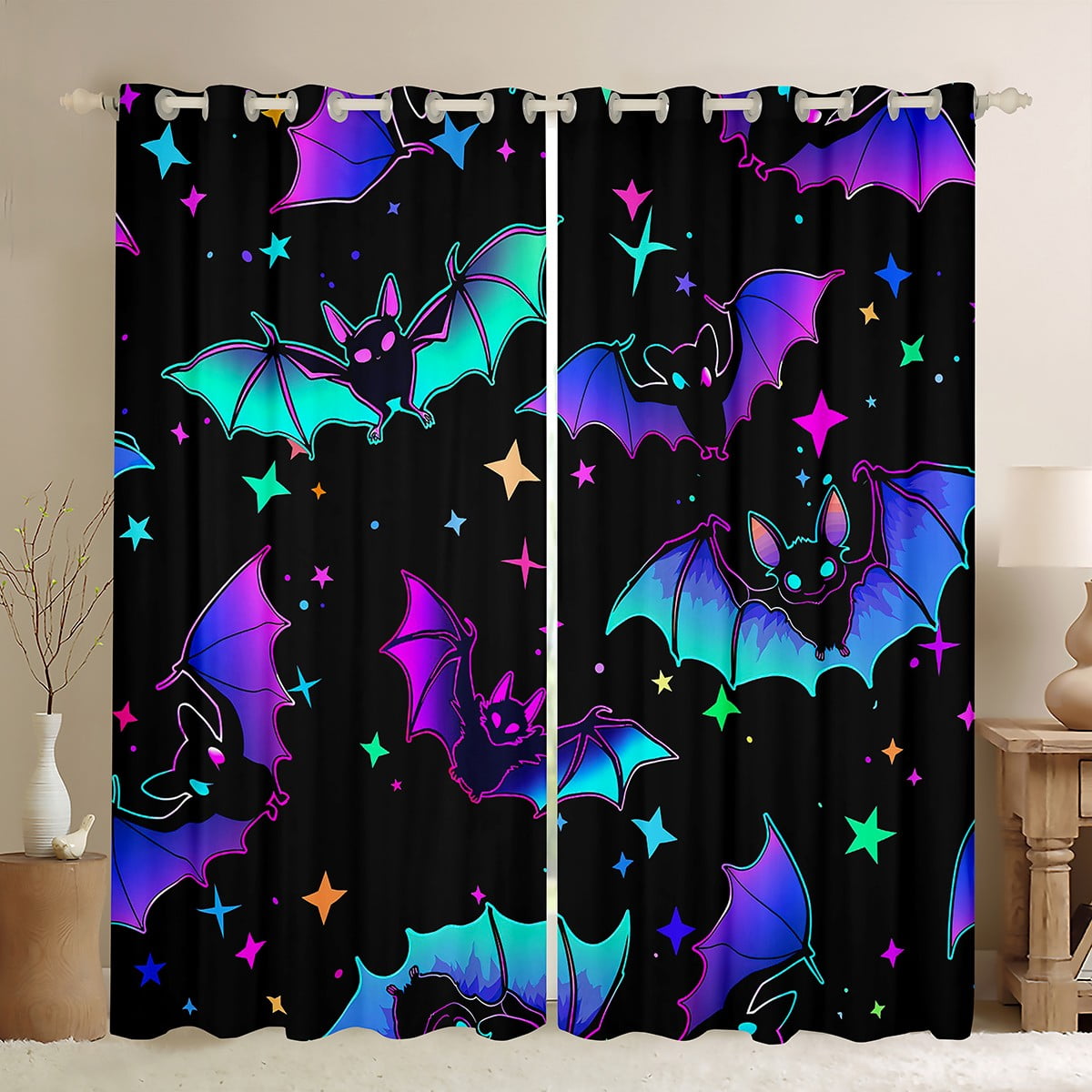 Erosebridal Animal Bats Curtains for Living Room,Purple Blue Curtains ...