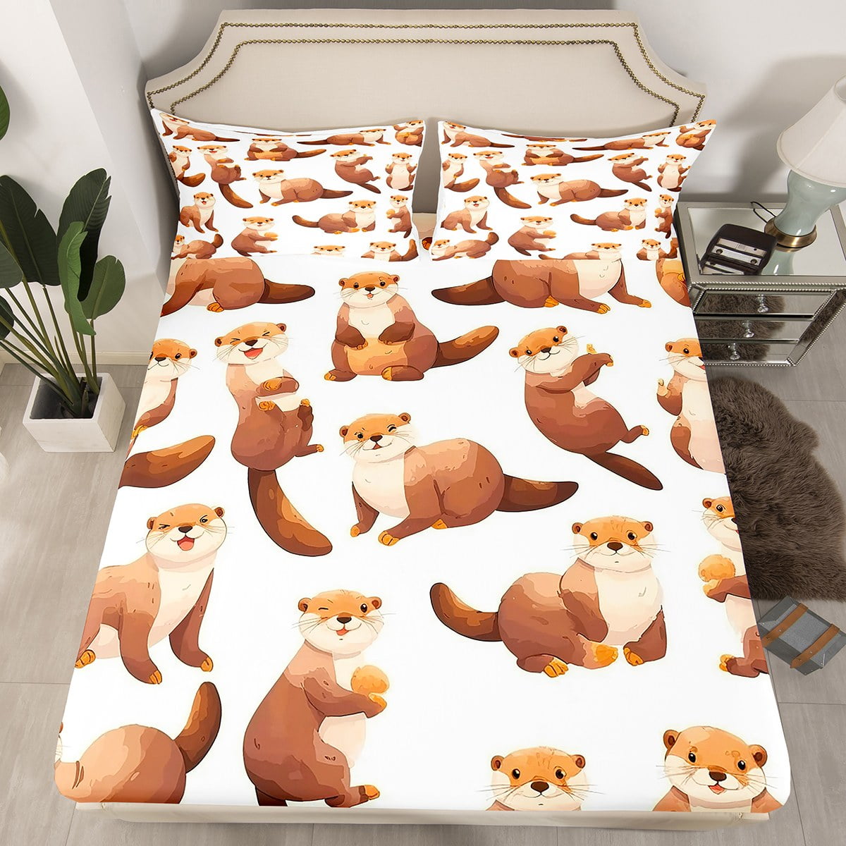 Erosebridal Animal Otter Fitted Sheet Set Queen,Cartoon Wildlife Fitted ...
