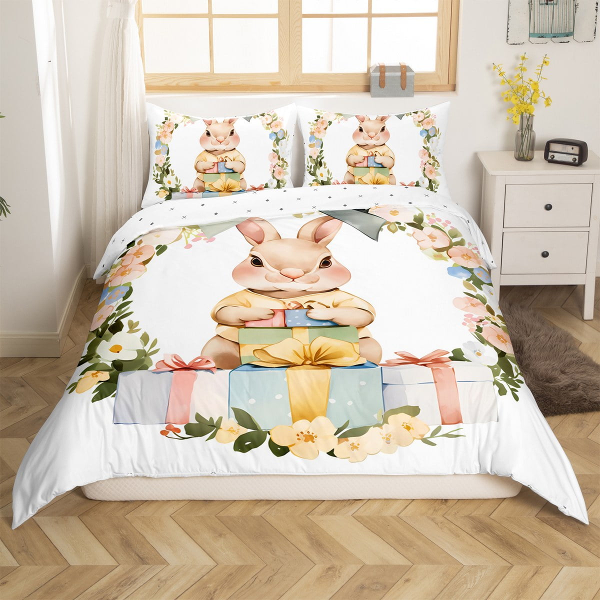 Erosebridal Animal Rabbit Duvet Cover,Easter Day Bedding Sets,Botanical ...