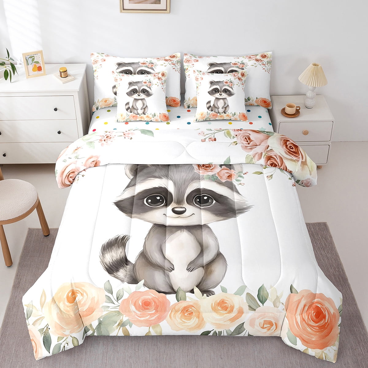 Erosebridal Animal Raccoon Bedding Sets Twin Size,Rose Flower Comforter ...