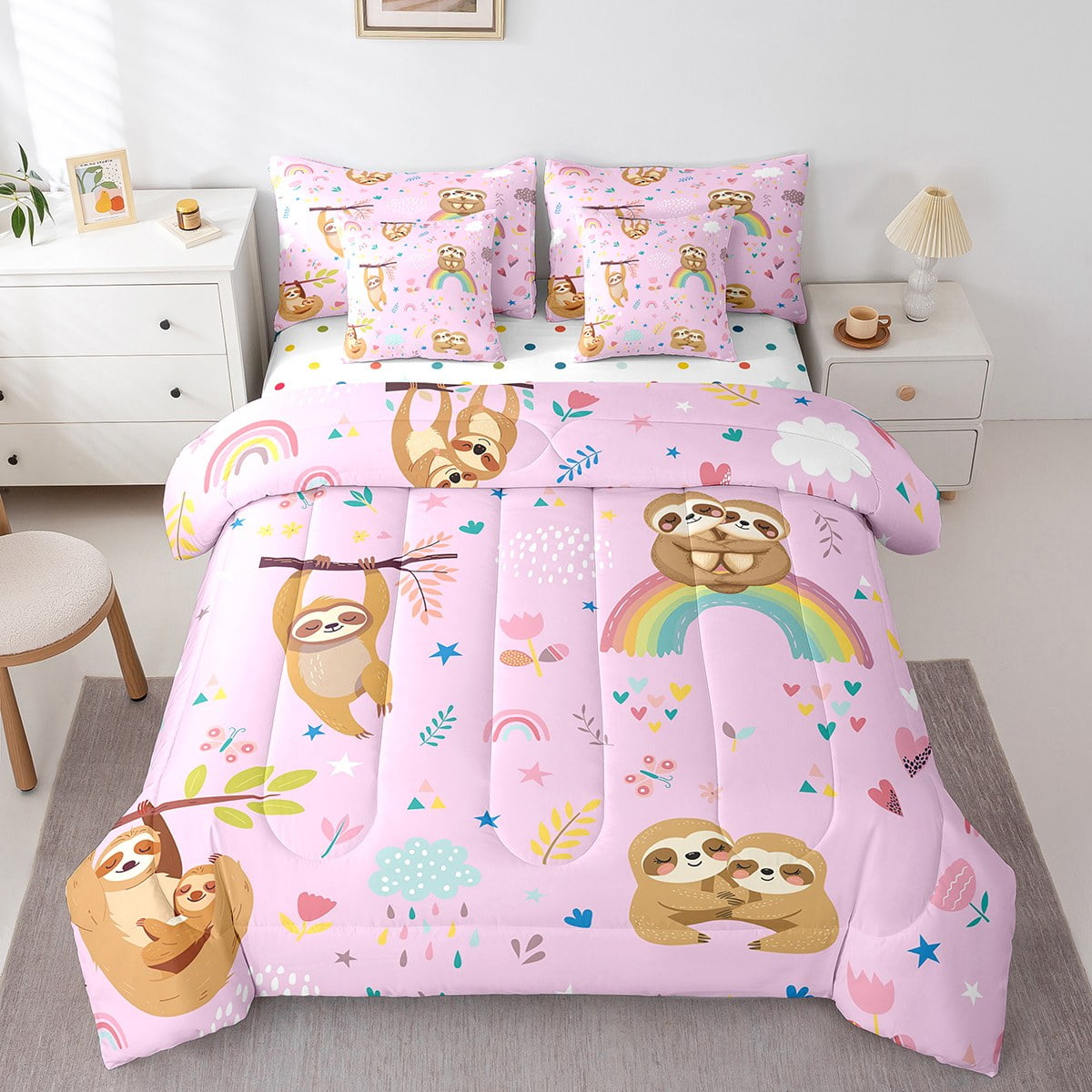 Erosebridal Animal Sloth Bedding Sets King Size, Purple Pink Comforter ...