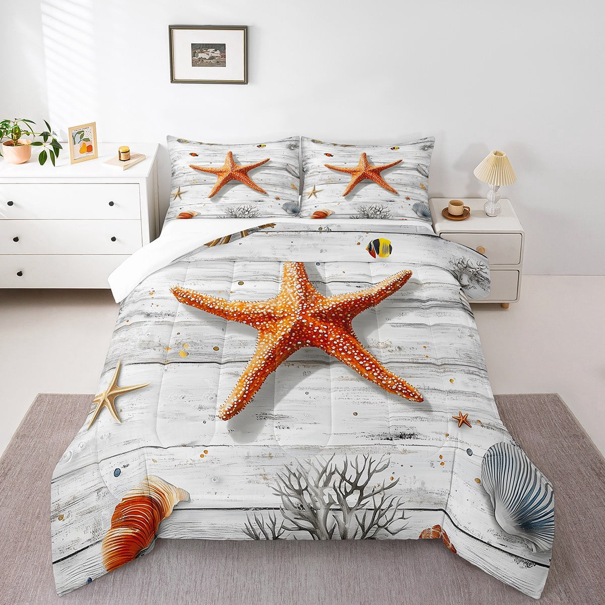 Erosebridal Animal Starfish Bedding King Comforter Set,Wooden Stripes ...