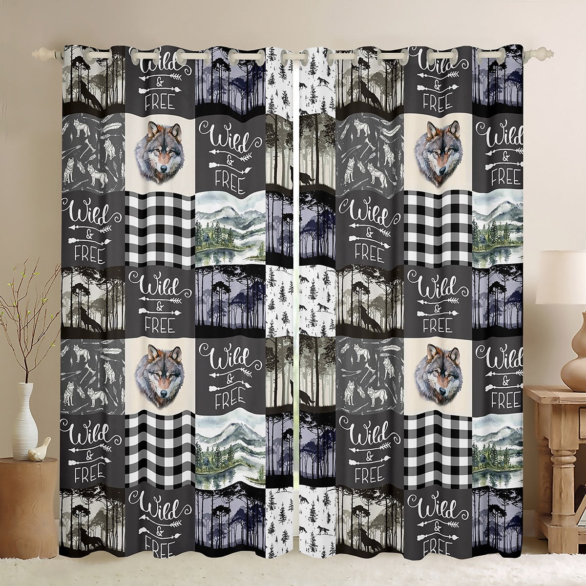 Erosebridal Animal Wolf Curtains for Living Room (38Wx45L),Geometric ...