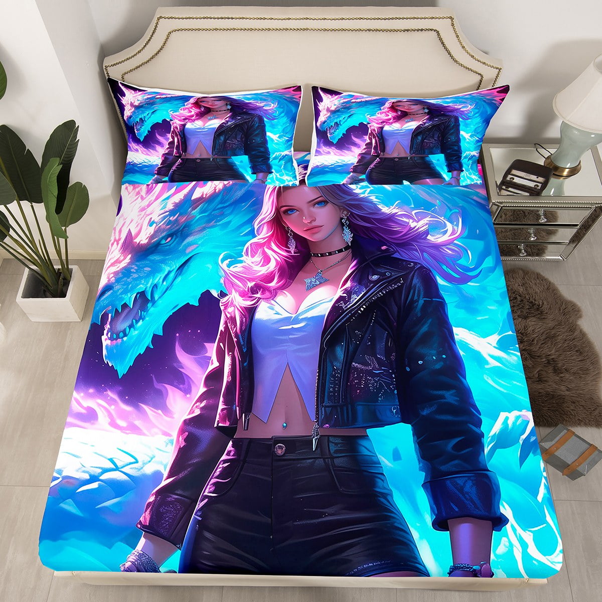 Erosebridal Anime Fitted Sheet Queen Size,Fantasy Dragon Bedding Set ...